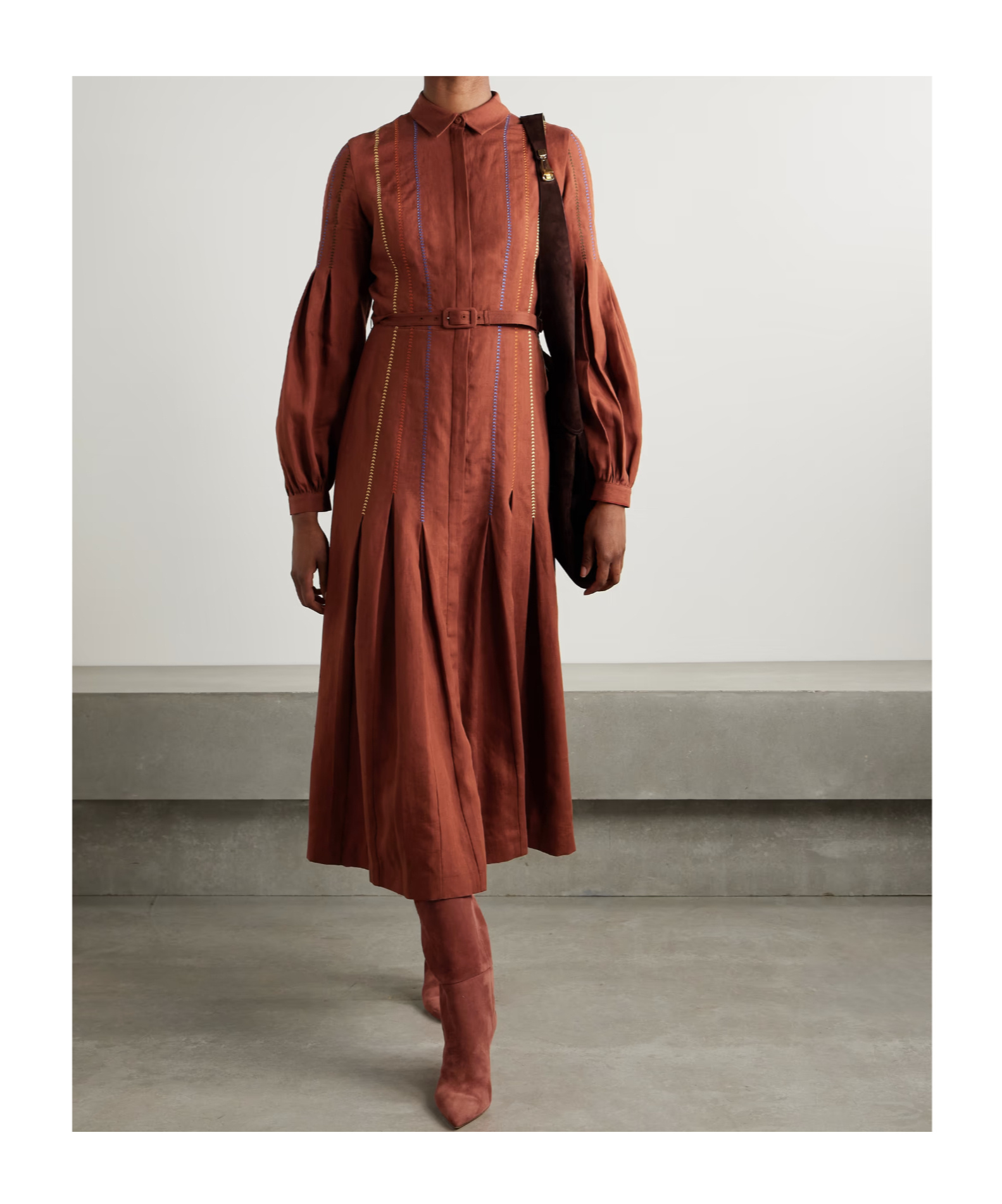 GABRIELA HEARST Gabriela Hearst Aleka Belted Embroidered Linen Midi Shirt Dress